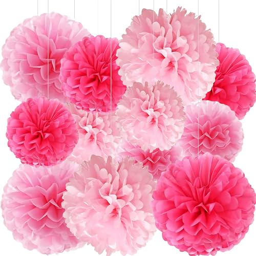 Hot Pink Tissue Paper Pom Poms Paper Flower Ball 12Pcs for Wedding ,Bachelorette, Baby Shower, Bridal Shower and Pink Party Decorations(8 &10 & 12 inch)