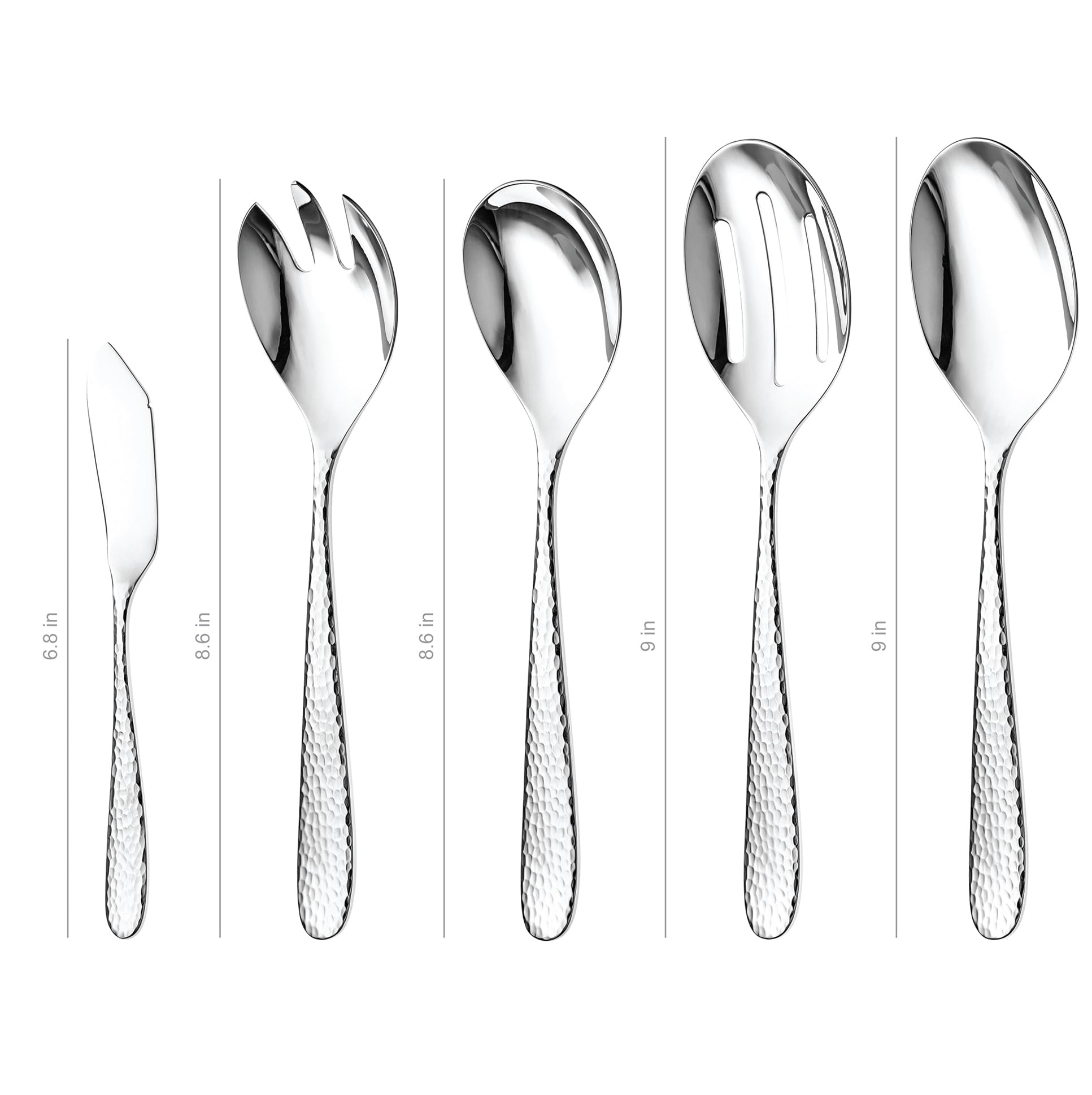 DANIALLI 10 Piece Serving Set, 18 10 Stainless Steel Hostess Set, Slotted Serving Spoon, Serving Spoon, Salad Serving Spoon/Fork, Butter Knife, Fidenza Hammered Set, Dishwasher Safe (Mirror Polished)