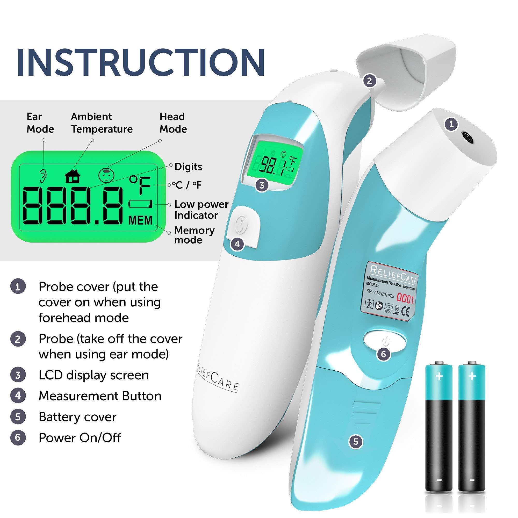 Relief Care Digital Forehead and Ear Thermometer for Adults, Infants, Children - Dual Mode, Infrared Thermometer with Fever Alarm - Accurate Quick Read Digital Thermometer for Adults and Kids