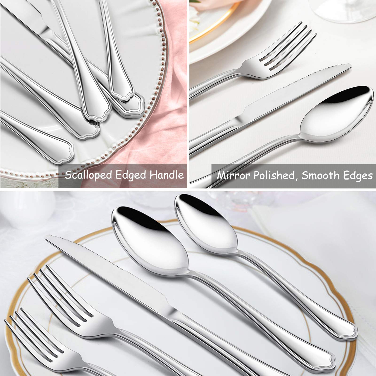 Dinner Spoons Set of 12, E-far 7.9 Inch Stainless Steel Soup Spoons Tablespoons for Home, Kitchen or Restaurant, Non-toxic & Mirror Polished, Scalloped Edge & Dishwasher Safe