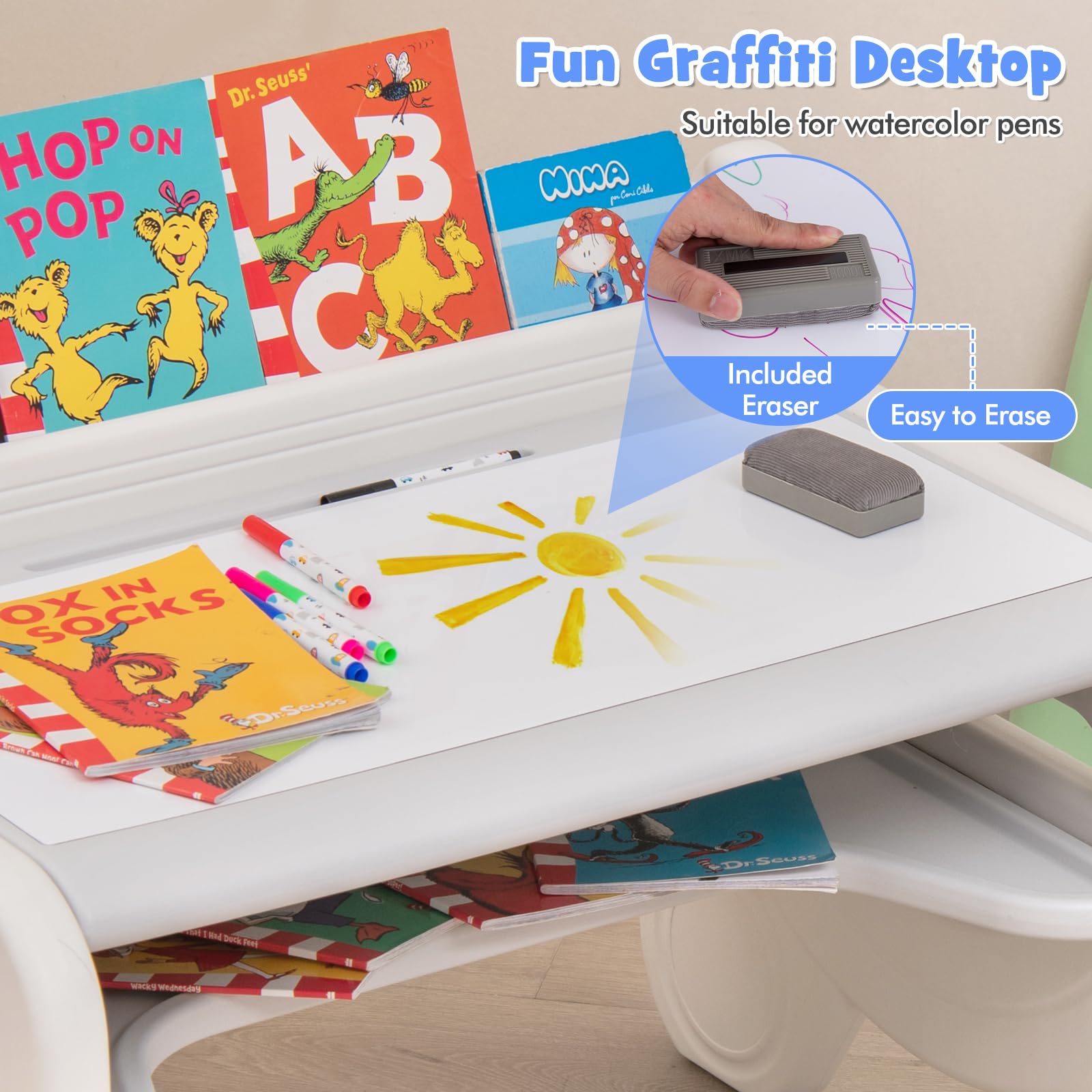 HONEY JOY Kids Table and Chair Set, Plastic Children Activity Table and Chair w/Graffiti Desktop, Storage, Markers & Eraser, Toddler Table and Chair Set for Daycare Playroom Classroom (Gray)