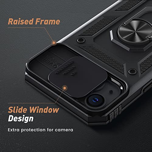 Goton Armor Case for iPhone 14 Case & iPhone 13 Case with Slide Camera Cover & Kickstand, Heavy Duty Military Grade Protection Phone Case, Built-in Rotate Ring Stand, Shockproof Rugged Case Black