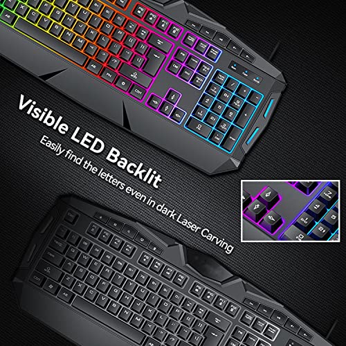 EXHNLE Gaming Keyboard and Mouse Combo Wired LED RGB Backlit, 104 Keys USB Ergonomic Keyboard, for PC Computer Gamer