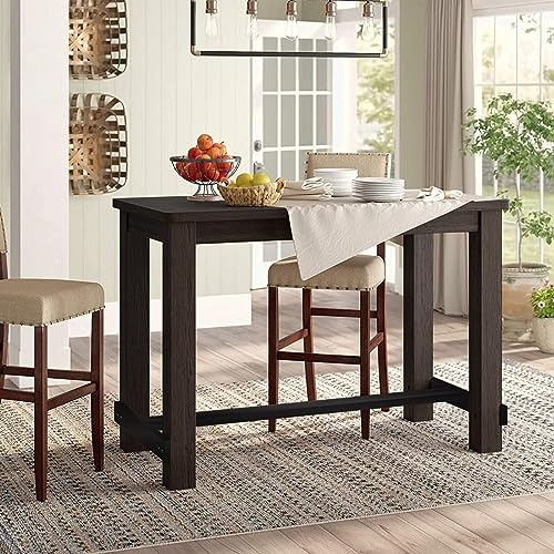 Nathaniel Home Counter Height Bar Dining Room Wooden Frame Table Desk with Iron Footrest, 53“W27 D36 H, Black