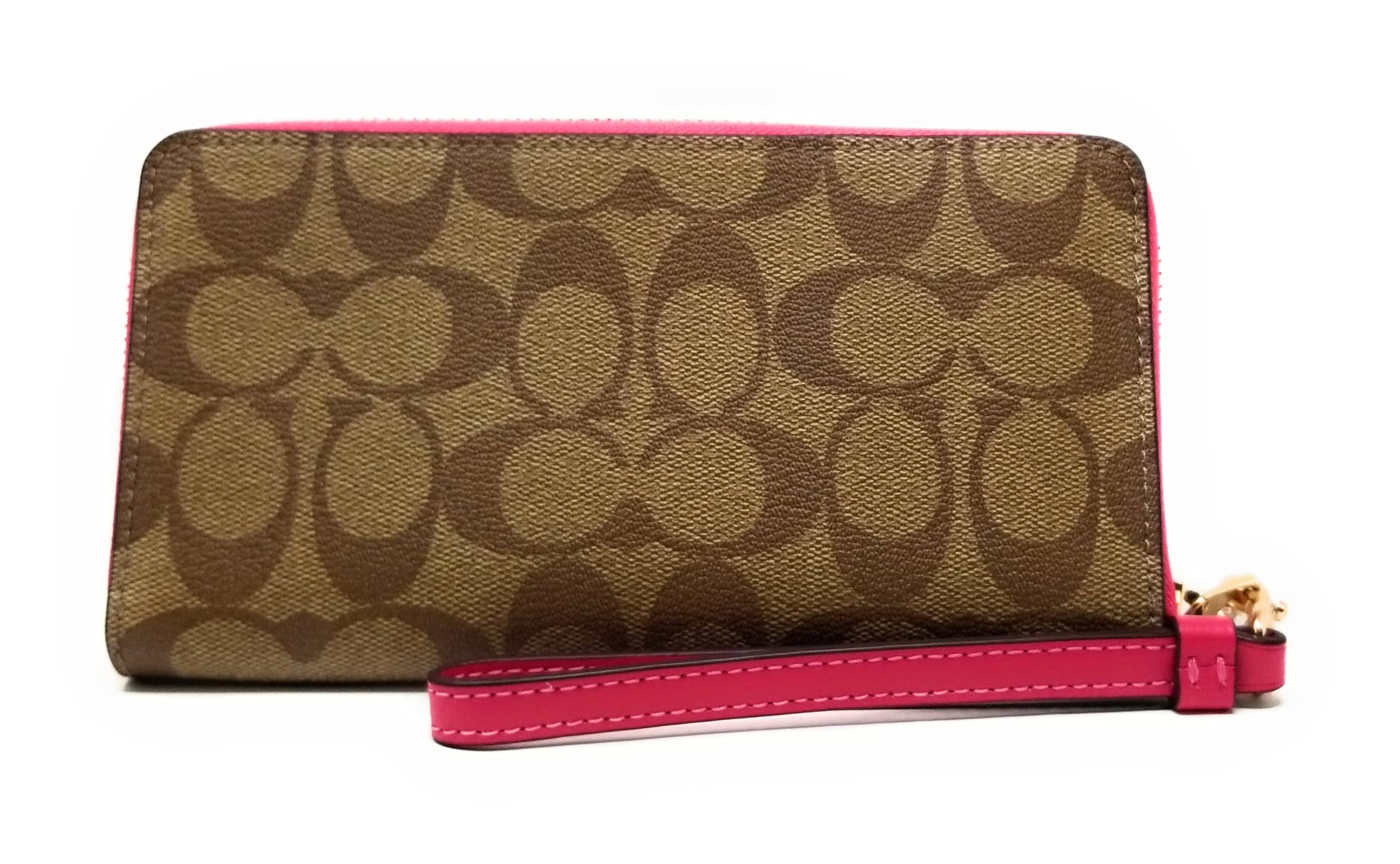 Coach Women's Long Zip Around Wallet In Signature Canvas (Khaki - Bold Pink)