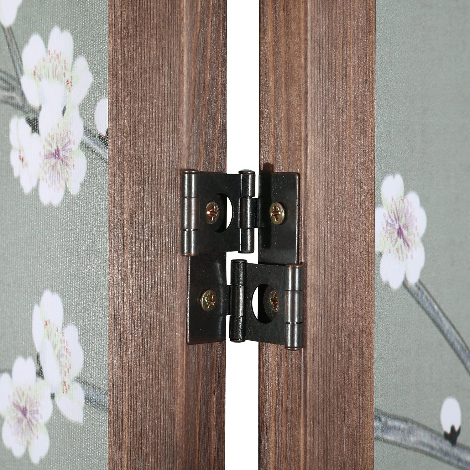 MyGift 4-Panel Asian-Inspired Folding Room Divider with Cherry Blossom Tree & Bird Design Poetry Calligraphy and Brown Wooden Frame