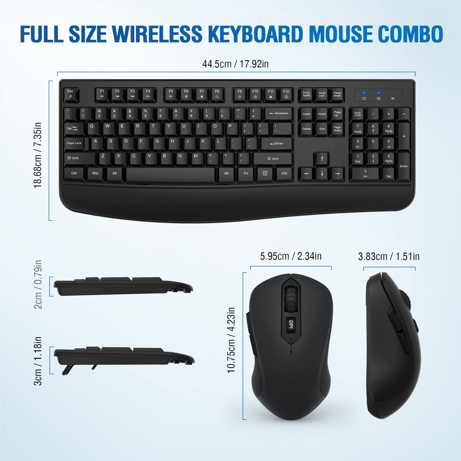 Full-Sized 2.4GHz Wireless Keyboard and Mouse Combo with Comfortable Palm Rest for Windows, Mac OS PC/Desktops/Laptops(Black)