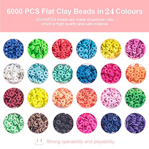 JOJANEAS Clay Heishi Beads Kit - 6800 Pcs DIY Flat Clay Beads for Bracelets Jewelry Making with String - Polymer Clay Beads with Letter Beads Fruit Flower Beads - Crafts for Girls Gift