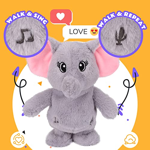 Easfan Talking Elephant Repeats What You Say Electric Walking Singing Stuffed Animal Interactive Funny Plush Toy Musical Speaking Birthday for Kids Toddlers Grey, 8"