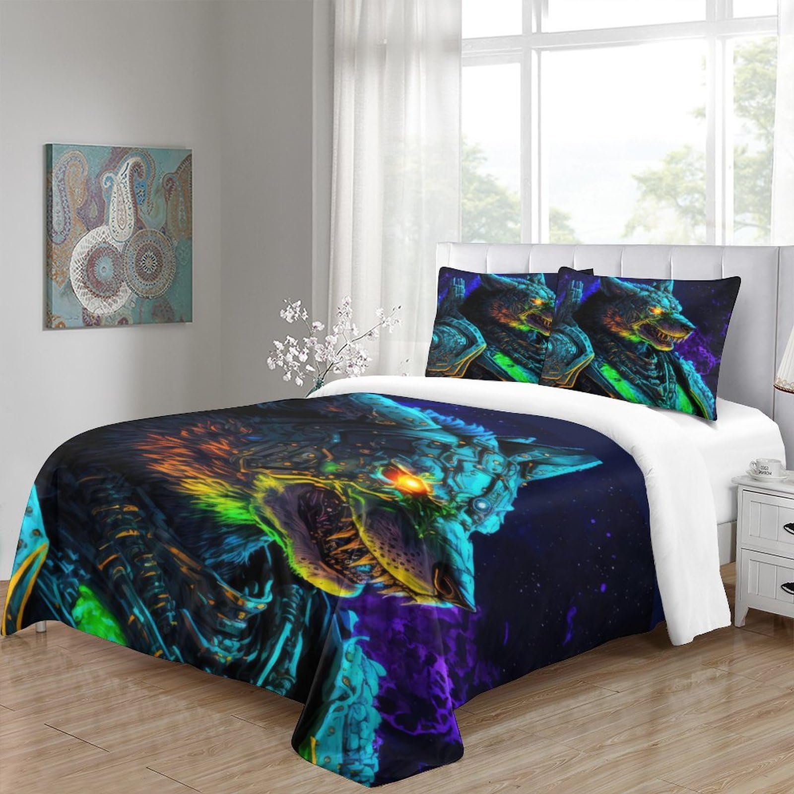 Cosmic Space Wolves Bedding Set Comforter Covers 3D Printed Quilt Cover Duvet Cover with Pillowcases for Childrens and Adults 3 Pieces Microfiber with Zipper Closure Queen(228x228cm)