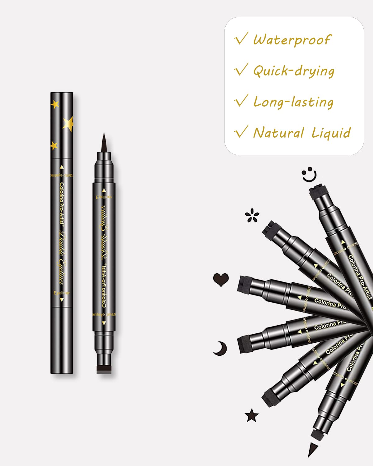Enfuntins 6 Pcs Eyeliner Stamp, Black Double-Ended Liquid Eye Liner Pen Waterproof Long-Lasting SmudgeProof Tattoo Eye Makeup Set Winged, Smiley, Star, Moon, Heart, Flower