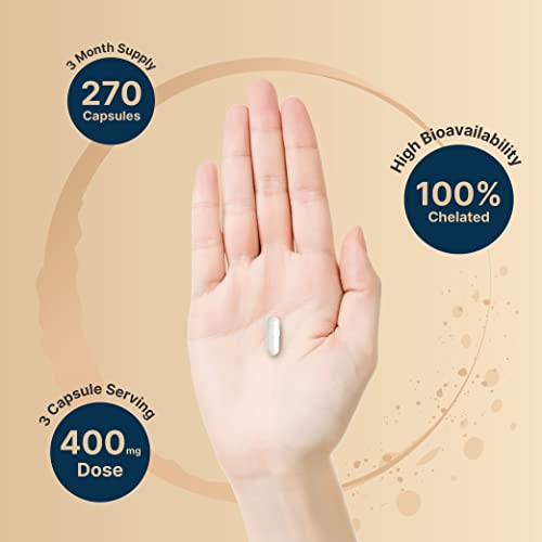 NatureBell Magnesium Glycinate 400mg (Elemental), 270 Capsules β 100% Chelated for Max Absorption | Non-GMO & No Gluten, Bioavailable Mineral Supplement for Muscle, Joint, Enzyme, & Heart Health