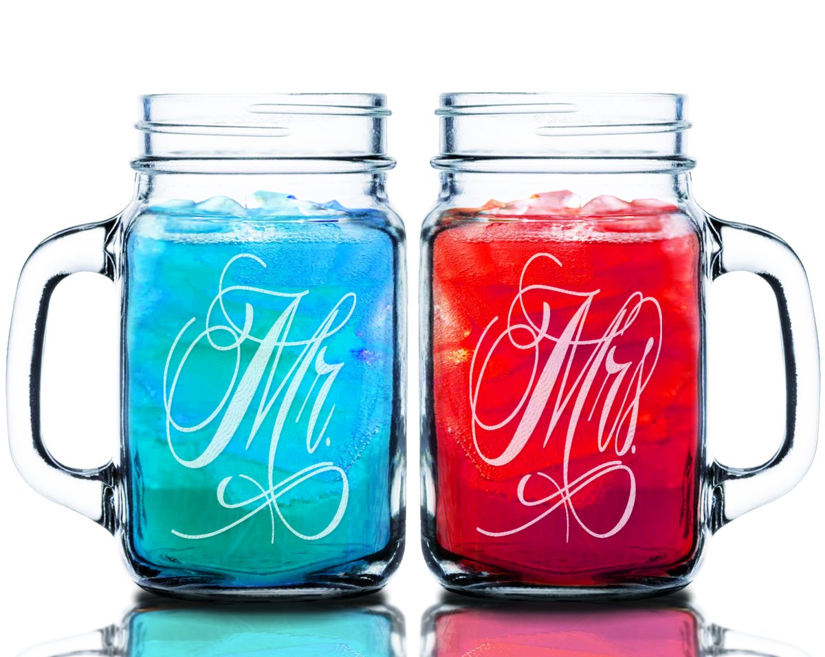Custom-Engraved-Glasses-by-StockingFactory Stocking Factory Mr and Mrs Set of 2 Mason Jars Clear Glass Drinking Mugs with Handle