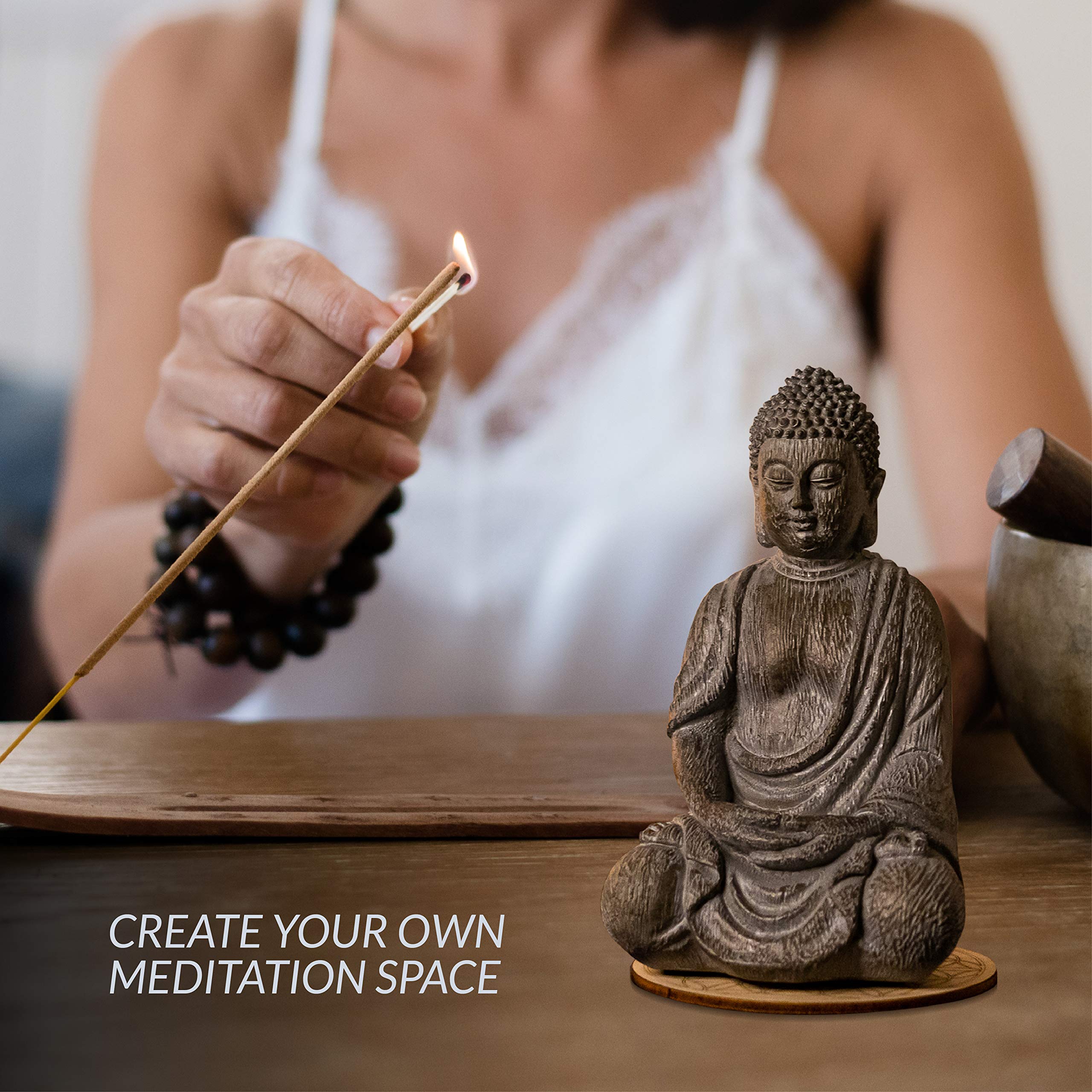 LOTS OF ZEN Mini Buddha Statue β 6.7 inch Buddha Statue with Wooden Round Base Included β Mini Buddha Statue for Spiritual Home Decor