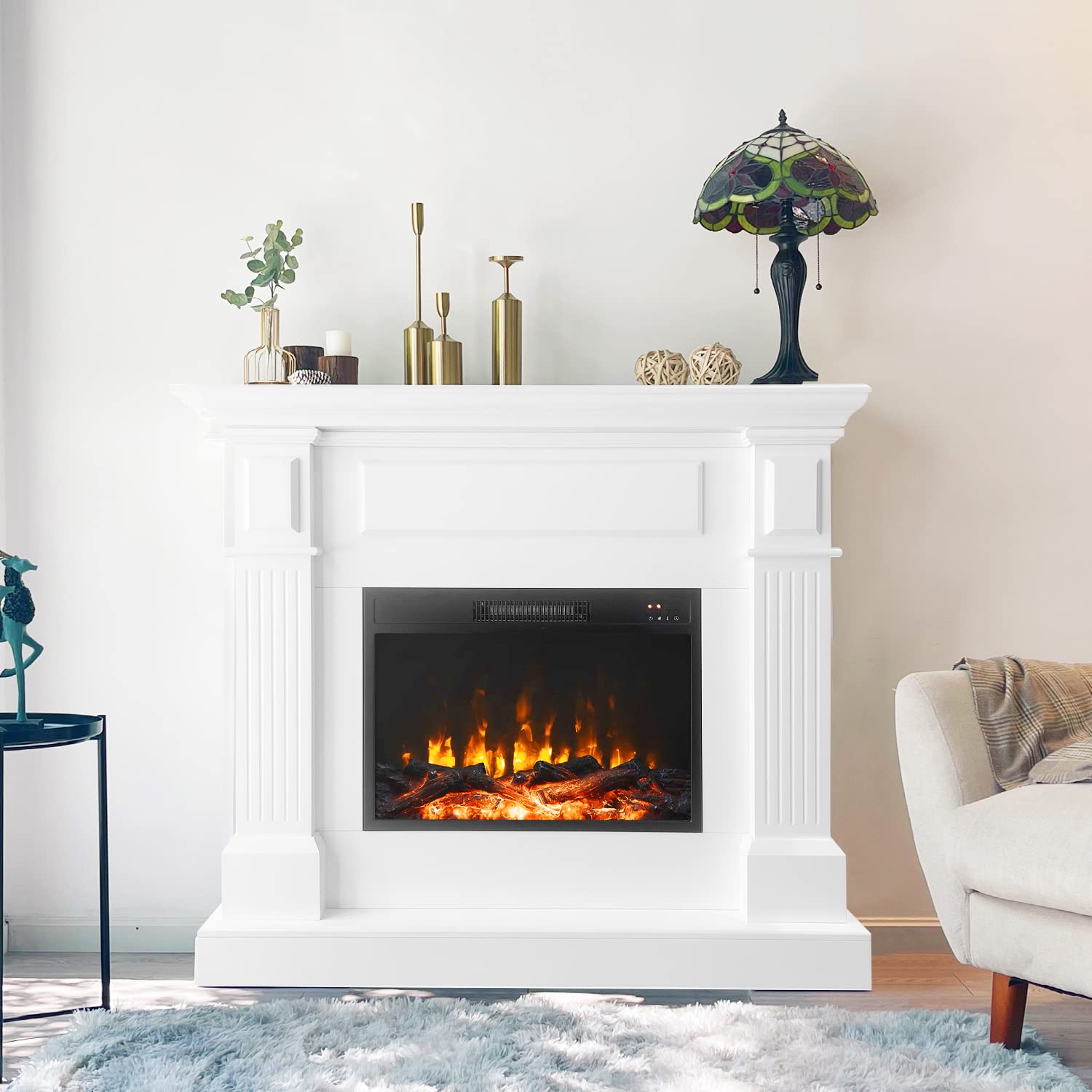 Electric Fireplace with Mantel, Tall Fire Place Heater Freestanding with Remote Control Timer LED Flame for Living Room Bedroom