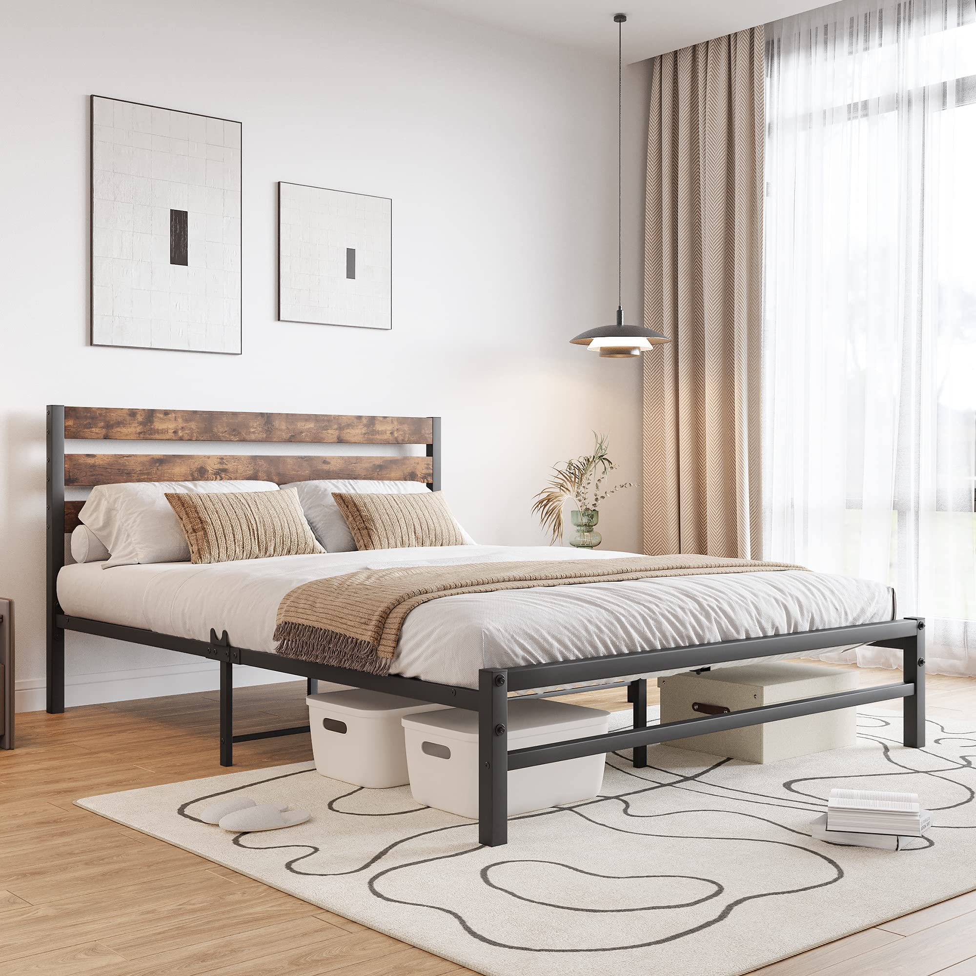 Crocofair Platform Queen Bed Frame with Vintage Wood Headboard,Mattress Foundation,Strong Metal Slats Support,No Box Spring Needed,Easy Assembly,Noise-Free,Black & Rustic