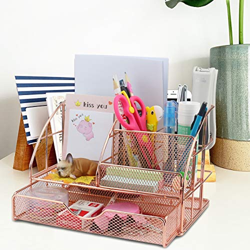 Ogrmar Rose Gold Desk Supplies Organizer, Multi-functional Mesh Desk Organizer with 6 Compartments & Desk Drawer Organizer for Office Supplies and Desk Accessories(Rose Gold) (9" X 6" X 6")