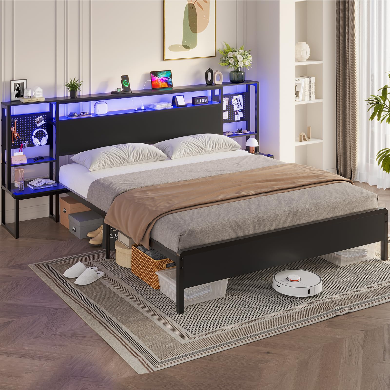 HAUOMS King Size Bed Frame with Storage Headboard & Bedside Storage, Durable Metal Platform Bed with Charging Station & LED Lights, 4-Tier Headboard, Noise-Free, No Box Spring Needed, Black