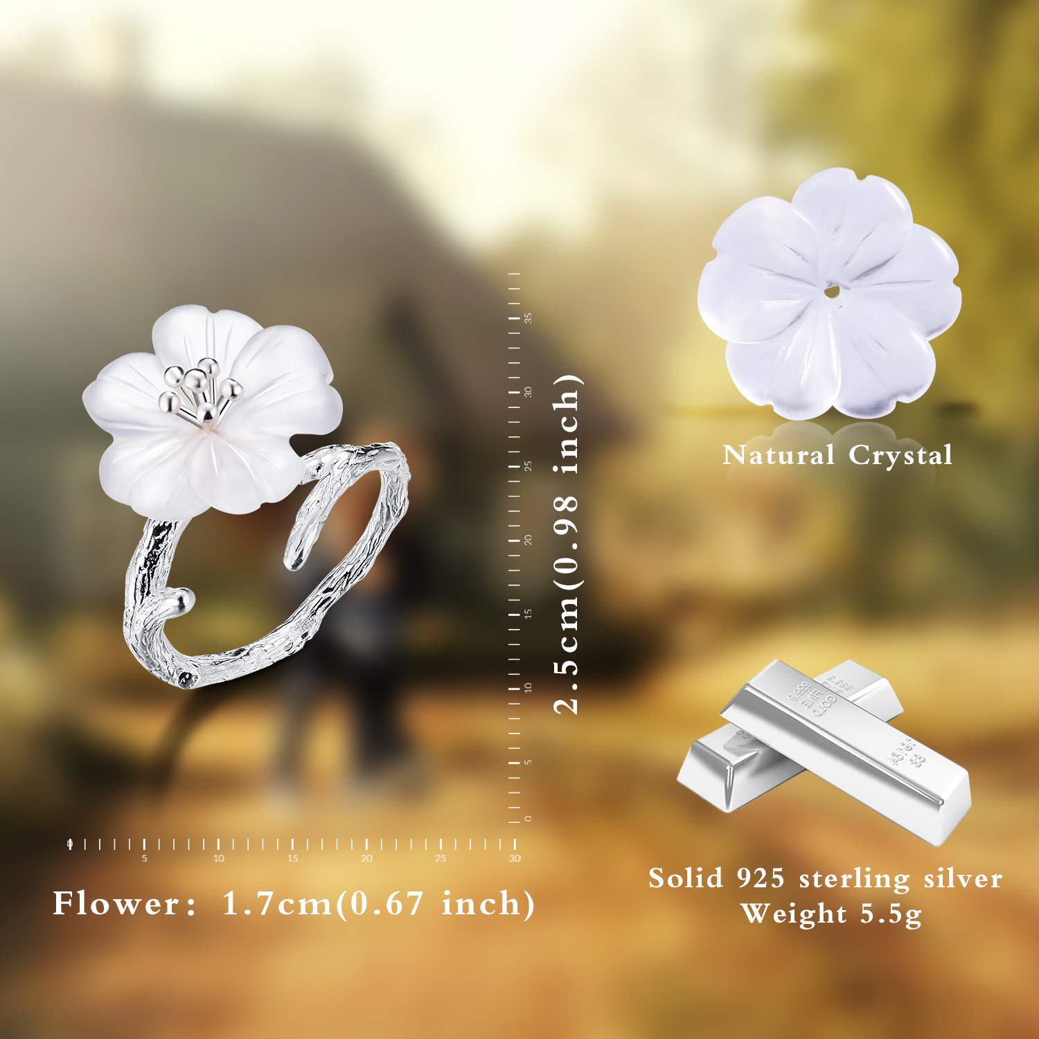 Lotus Fun S925 Sterling Silver Ring Flower in the Rain Open Simulated Crystal Ring Handmade Jewelry Unique Gifts for Women (Silver)