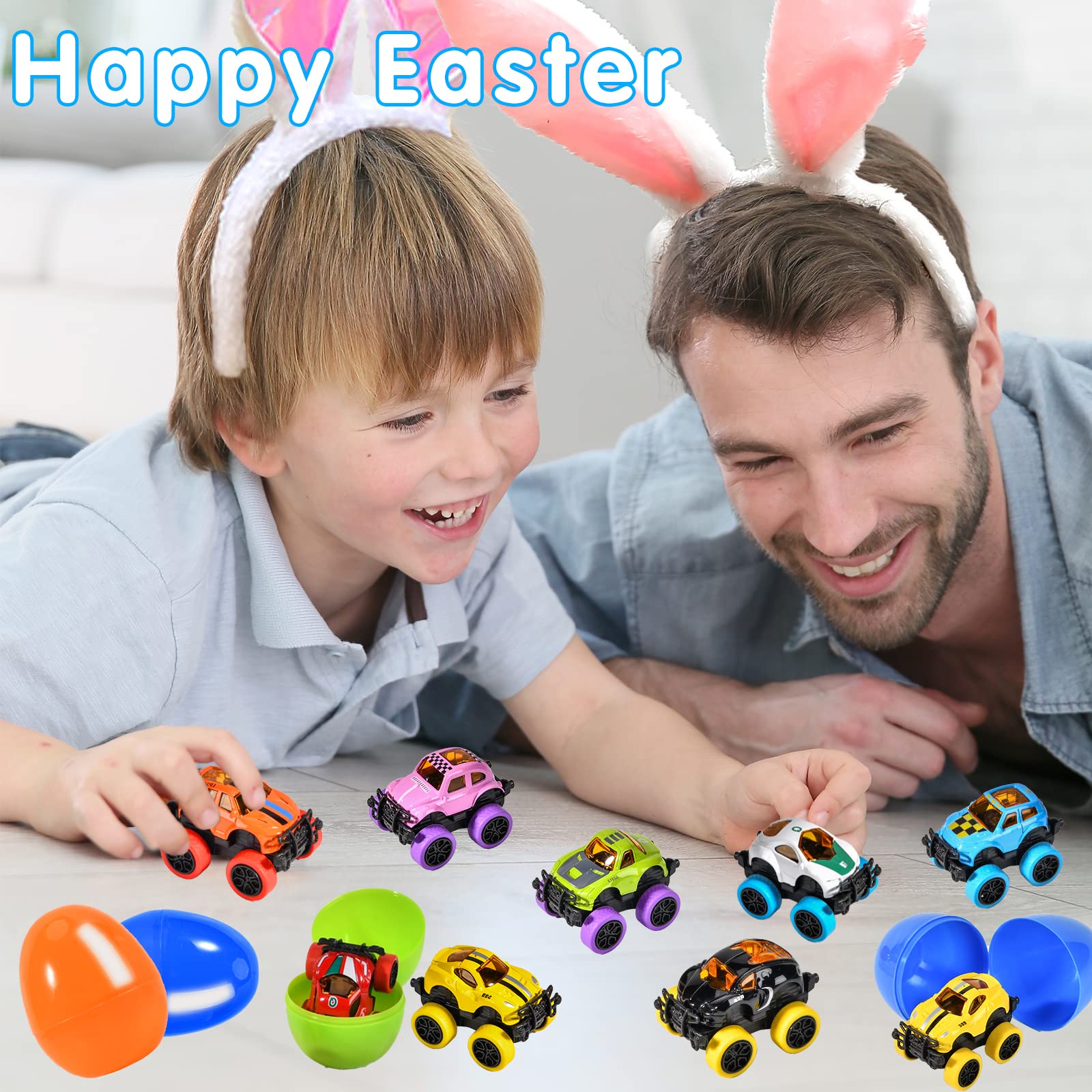 Easter Eggs with Die-cast Cars for Easter Egg Hunt, Easter Egg Filled with Pull Back Monster Car Trucks for Kids Easter Party Favor, Easter Basket Stuffer, Easter Prizes Rewards for Boys Kids,12 Pack