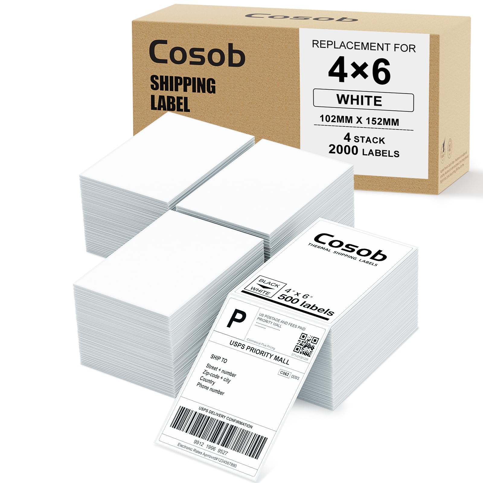 COSOB 4x6 Direct Thermal Shipping Label Fanfold Permanent Adhesive Thermal labels with perforated Line Suitable for thermal printer compatible with Zebra & Rollo printer, 500 labels/Stacks,4stacks