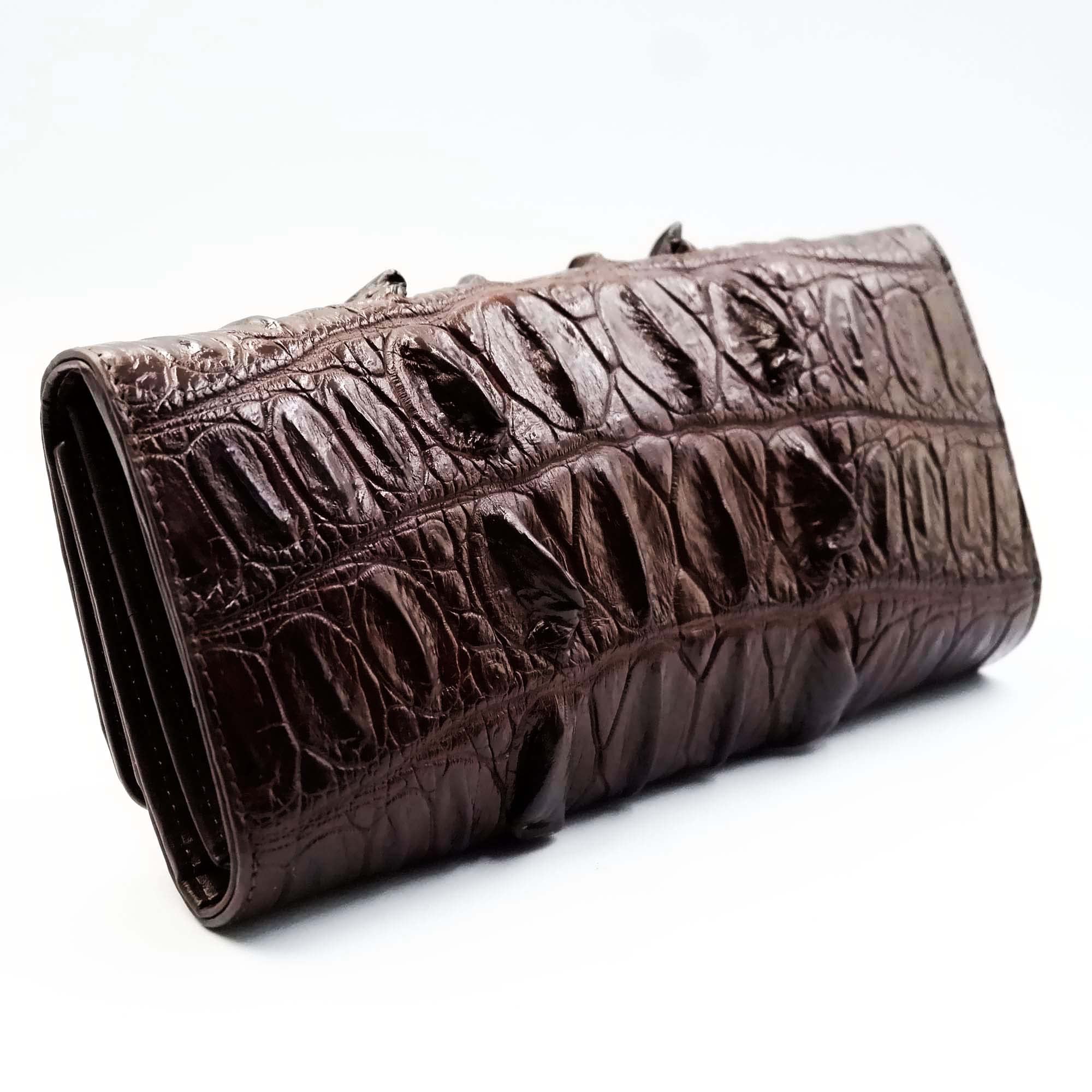 EXSOOTTI New Brown Genuine Crocodile Leather Black Tail Skin Women Tri-Fold Clutch Wallet Purse.