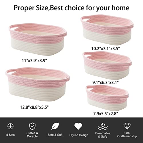 OIAHOMY Cotton Rope Storage Basket, Set of 5 Woven Baskets for Organizing with Handles, Decorative Basket for Baby Nursery, Dog Cat Toy Baskets - Pink & White