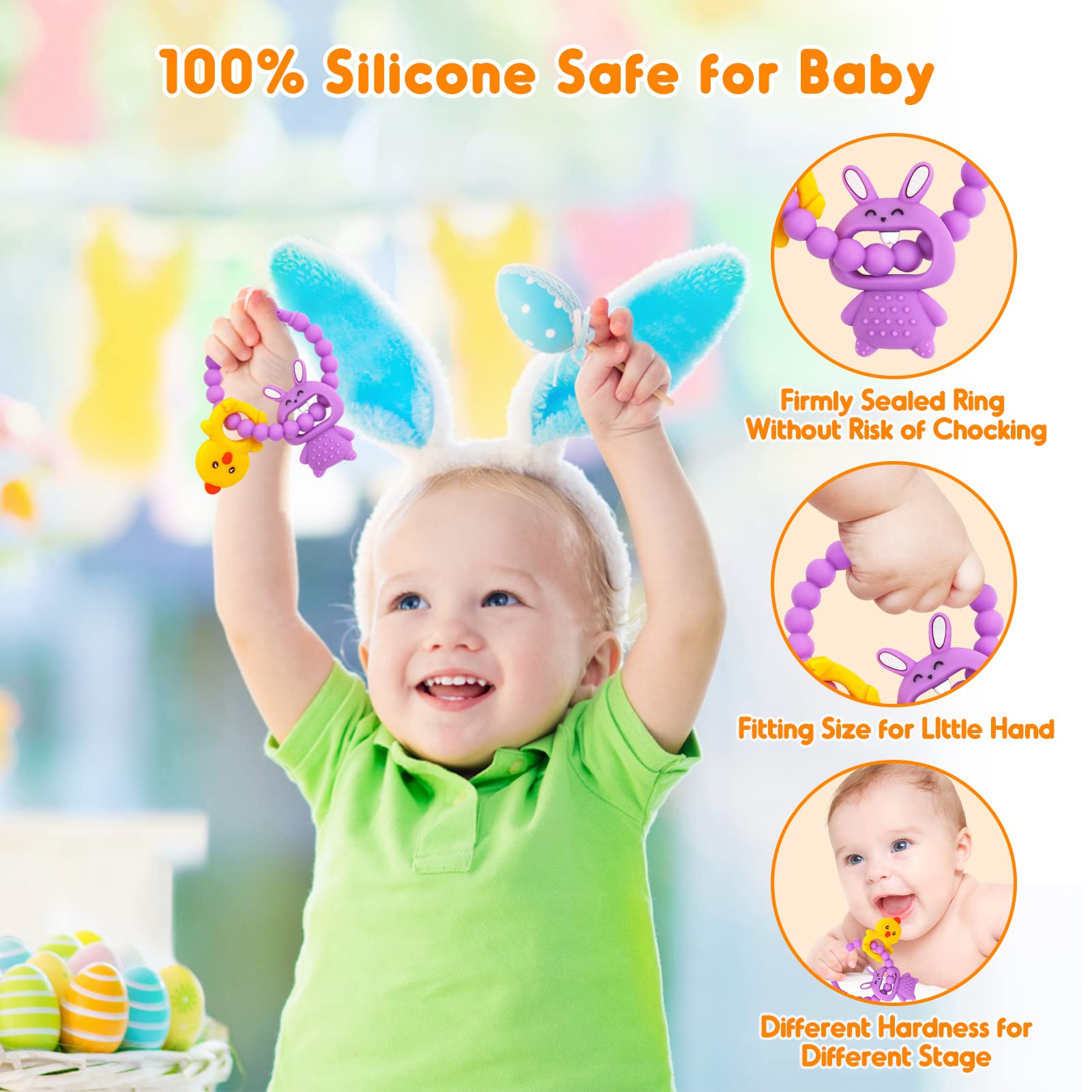 Easter Teething Toys Teethers for Babies 0-6 Months Baby Easter Teether Silicone Chew Toys Easter Basket Stuffers for Baby 6-12 Months Infant Teething Toys Easter Gifts Boys Grils Purple Bunny Chicken