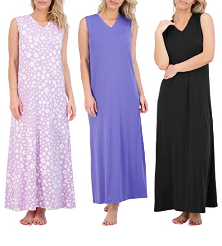 Real Essentials 3 Pack: Womens Sleeveless Tank V-Neck Adult Nightgown Long Soft Nightshirt Women Night Gowns Nightdress Sleep Lounge Dress Sleepwear Pajama PJs Bamboo Ladies PJ Chemise - Set 8, L