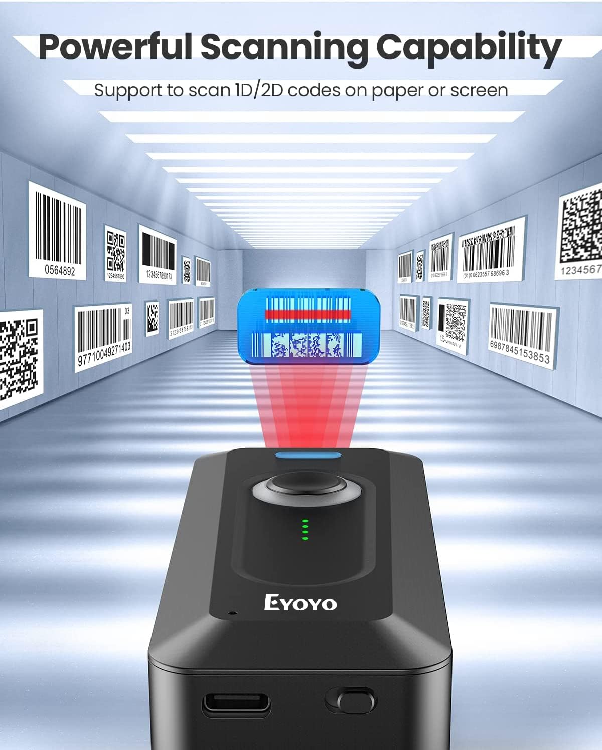 Eyoyo Bluetooth 2D Wireless Barcode Scanner with Clip, 2000mAh Battery with Level Indicator, Portable Mini Bar Code Reader for Inventory Compatible with iPhone, iPad, Android Phone