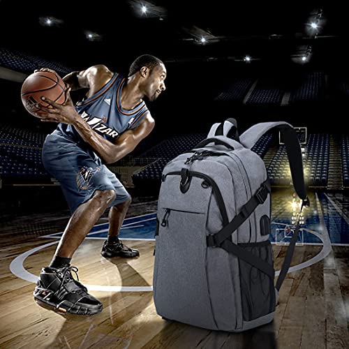 Widfre Basketball Backpack with USB Charging Port, Durable Men's Laptop Backpack for Outdoor with Ball Compartment (Gray)