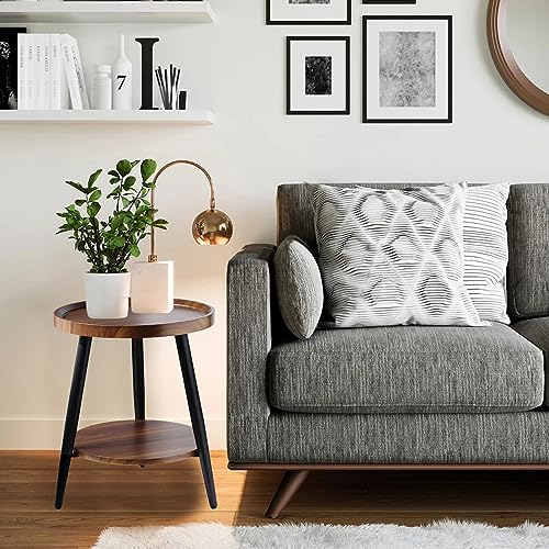 FANTERSI Small Round Side Table, 2-Tier Mid Century Modern Side Table, Round End Table Small Side Table for Living Room, Metal Frames, Brown