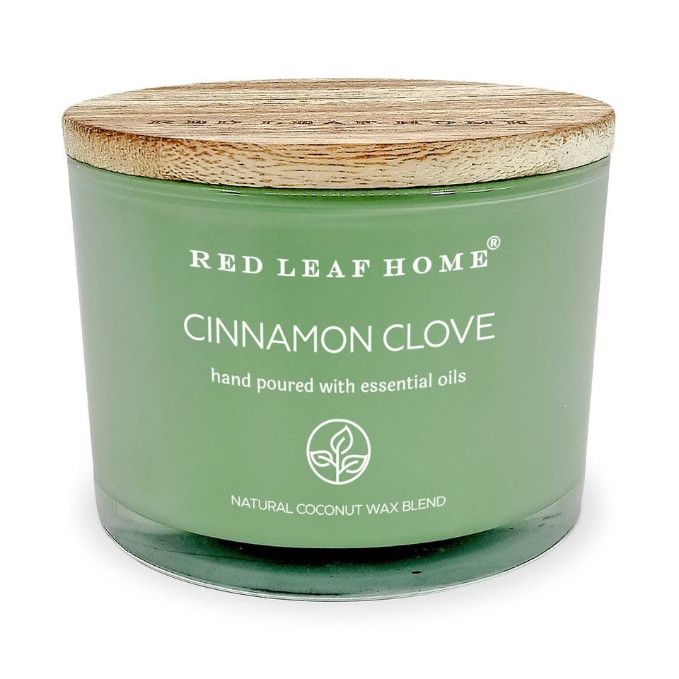 Red Leaf Home | Cinnamon Clove Scented Glass Jar Candle with Wooden Lid | Large | Includes Vanilla and Citrus | Aromatherapy, Luxury, Gift | 15oz