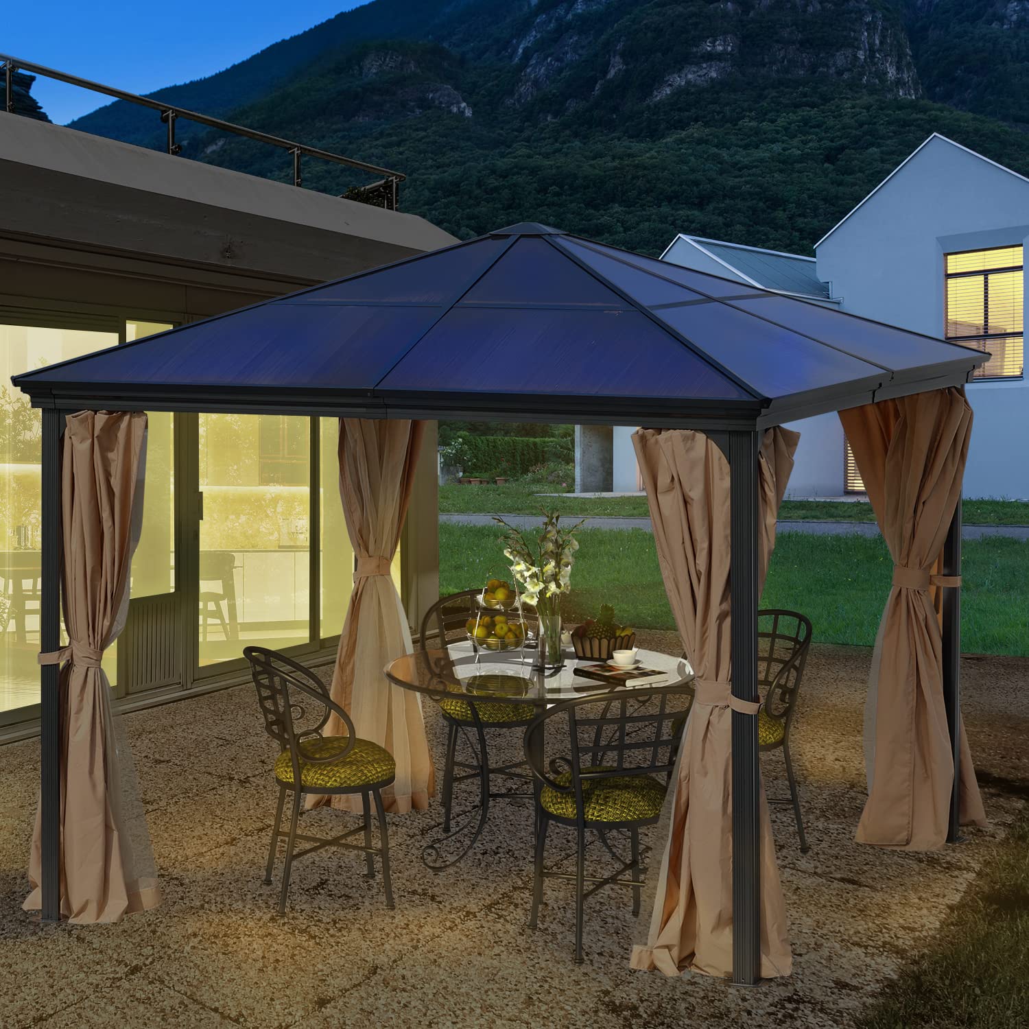 COWVIE 10 x 10 FT Polycarbonate Roof Gazebo, Aluminum Frame Gazebo with Mosquito Netting and Curtains,Suitable for Patio, Backyard, Deck, Lawns