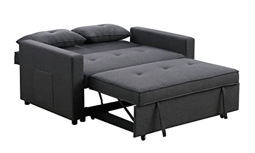 FANYE 56" Linen Upholstered Loveseat Sleeper Sofa with Pull-Out Couch Bed, 2-Tiers Side Storage Pockets and 2 Accent Pillows for Apartment Office Small Space Living Room Furniture Sets, Black