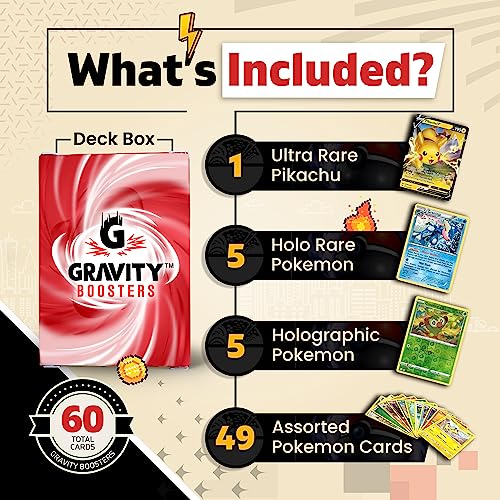 GRAVITY BOOSTERS Ultra Rare Pikachu Bundle | 60x Cards + 1x Ultra Rare Pikachu Card Guaranteed |Also Includes 10x Holographic Cards w Deck Storage Box