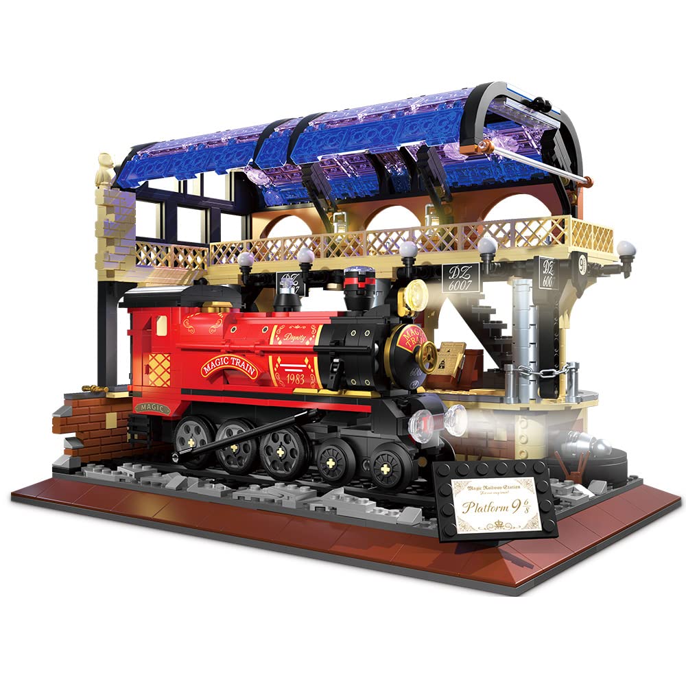 EDGKODK Retro Steam Magic Harry Express Building Kits, Collector's Edition Train Station Building Toys for Adult Challenge, 1308 Pieces Mini Bricks