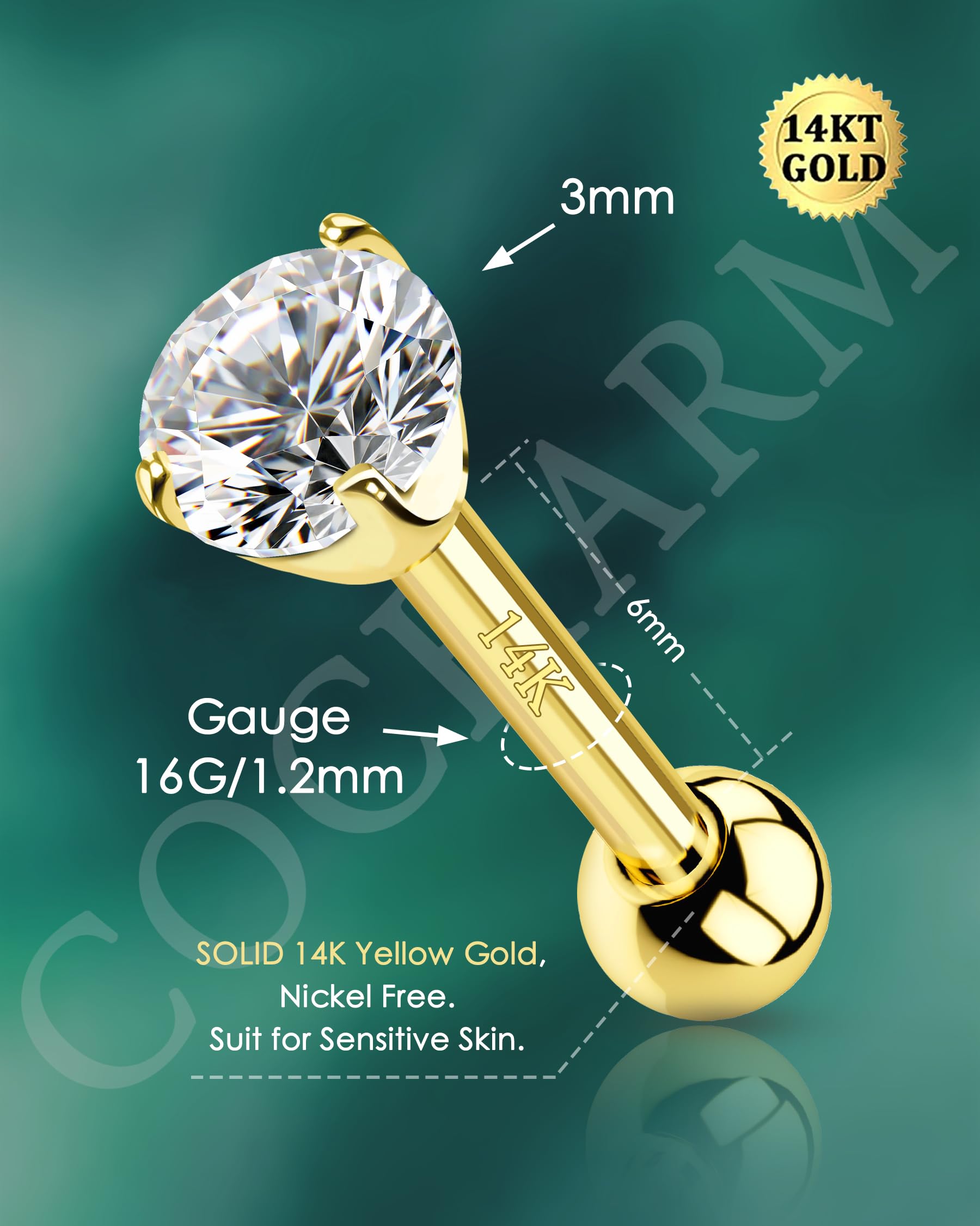 COCHARM 14K Solid Gold Cartilage Tragus Earring Stud 16g Yellow Gold Helix Stud Rings for Women 14KT Gold 6mm Length Piercing Stud