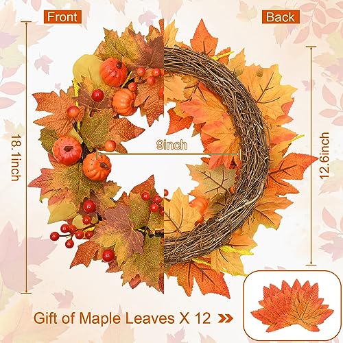 Fall Decor - Fall Wreaths for Front Door, 18" Fall Wreath with Fall Leafs Pumpkins Berry - Fall Decorations for Home Autumn Wreath Decor for Front Door