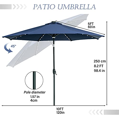 GDY 10Ft Patio Umbrella, Solar Powered 40 LED Lighted Outdoor Table Market Umbrella with Tilt and Crank, Center Light (Navy Blue)