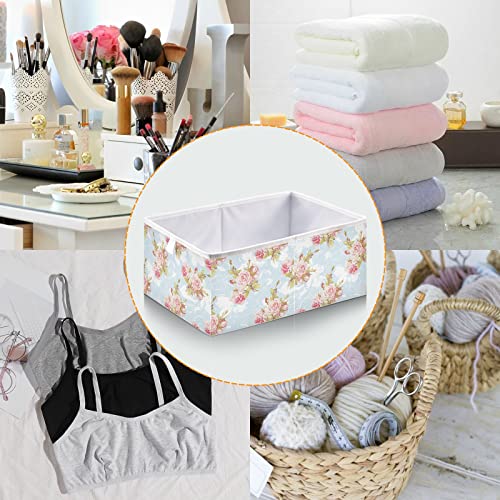 Ollabaky Floral Pink Roses Cube Storage Bin Fabric Foldable Storage Cube Basket Cloth Organizer Box with Handle for Closet Shelves, Nursery Storage Toy Bin, S