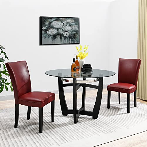 JESONVID Set of 2 Faux Leather Upholstered Parsons Dining Chair with High Backrest, Kitchen Accent Side Chairs with Solid Wood Legs Armless Dining Room Chair, Burgundy 1331RD