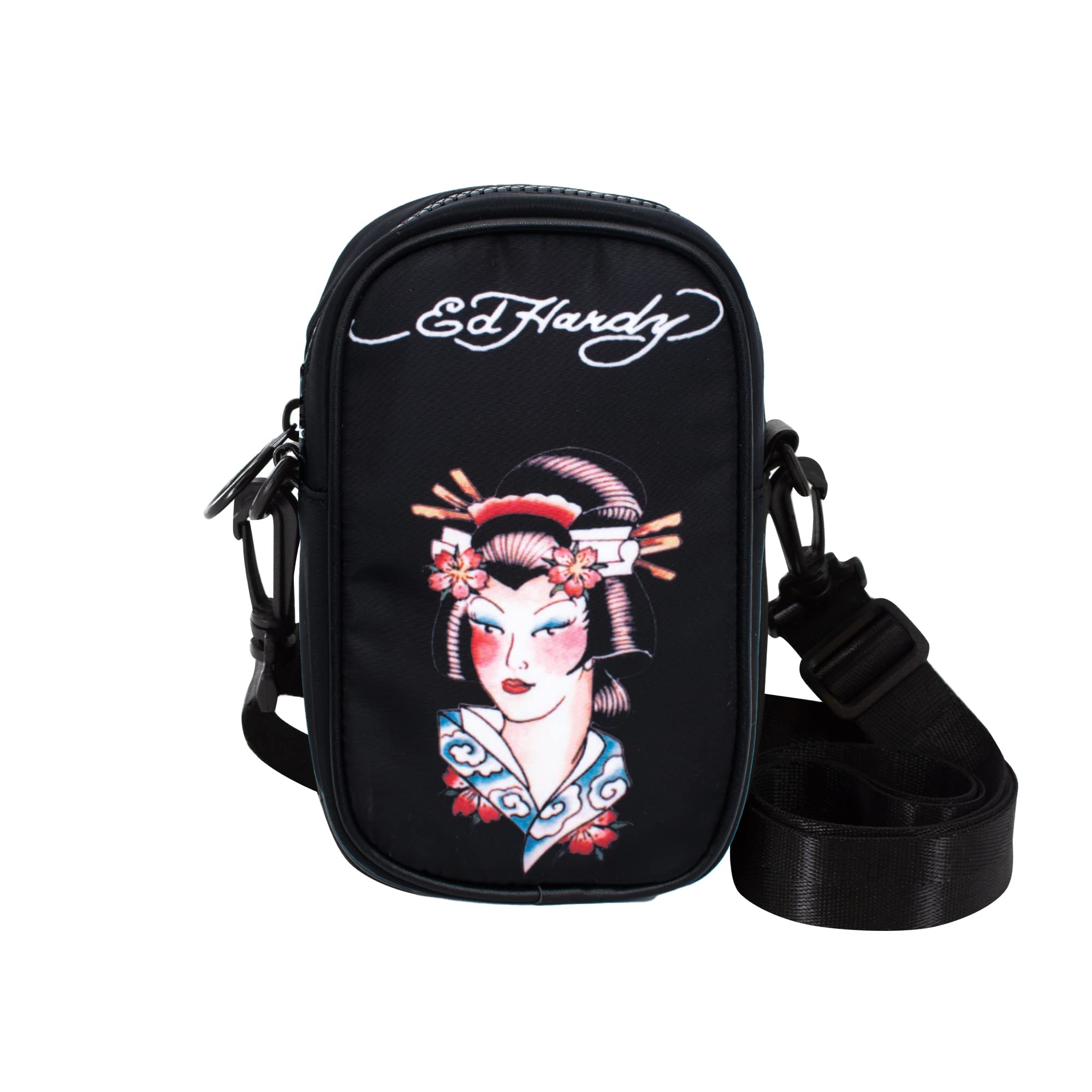 ED HARDY Unisex Black/Black Geisha Tatoo Print Nylon Phone Crossbody Bag With Adjustable Shoulder Strap