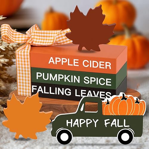 Fall Decor Fall Decorations for Home 6PCS Fall Tiered Tray Decor Faux Decorative Books Maple Leaves Truck Wooden Signs Rustic Farmhouse Fall Table Decor for Autumn Thanksgiving