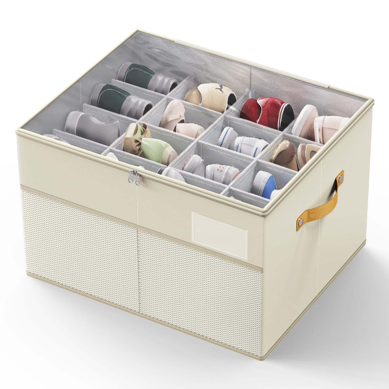 Gattlukd Shoe Organizer for Closet, Fits up to 16 Pairs, Large shoe box storage container with Clear Cover, Adjustable Dividers for Shoe Storage Bins, Space-Saving Shoe Rack, Gray