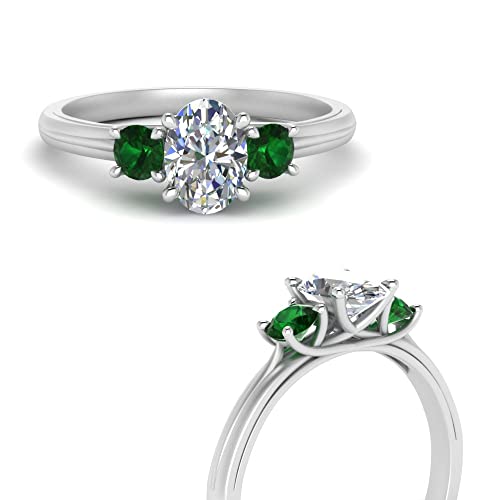 CustomizedGifts Classic Three Stone Ring sterling silver Created Emerald Oval shape Green color 3 Stone Engagement Rings prong Setting in Size 9 Special Gift for Women, Girls and Ladies