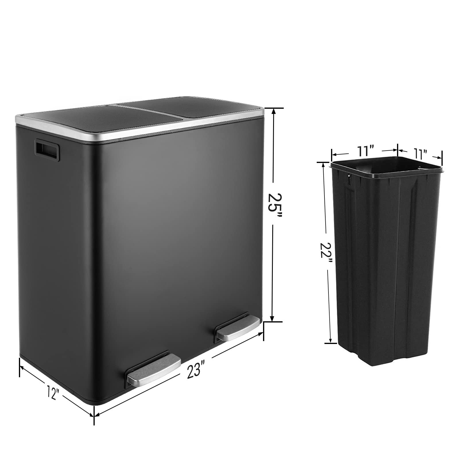 Clevich Metal 16 Gallon/60-Liter Trash Can, Double Compartment Classified Step Trash Can with Lid, includes 2 x 8 Gallon (60L) Removable Buckets, Airtight Rubbish Bin for Kitchen (Black)