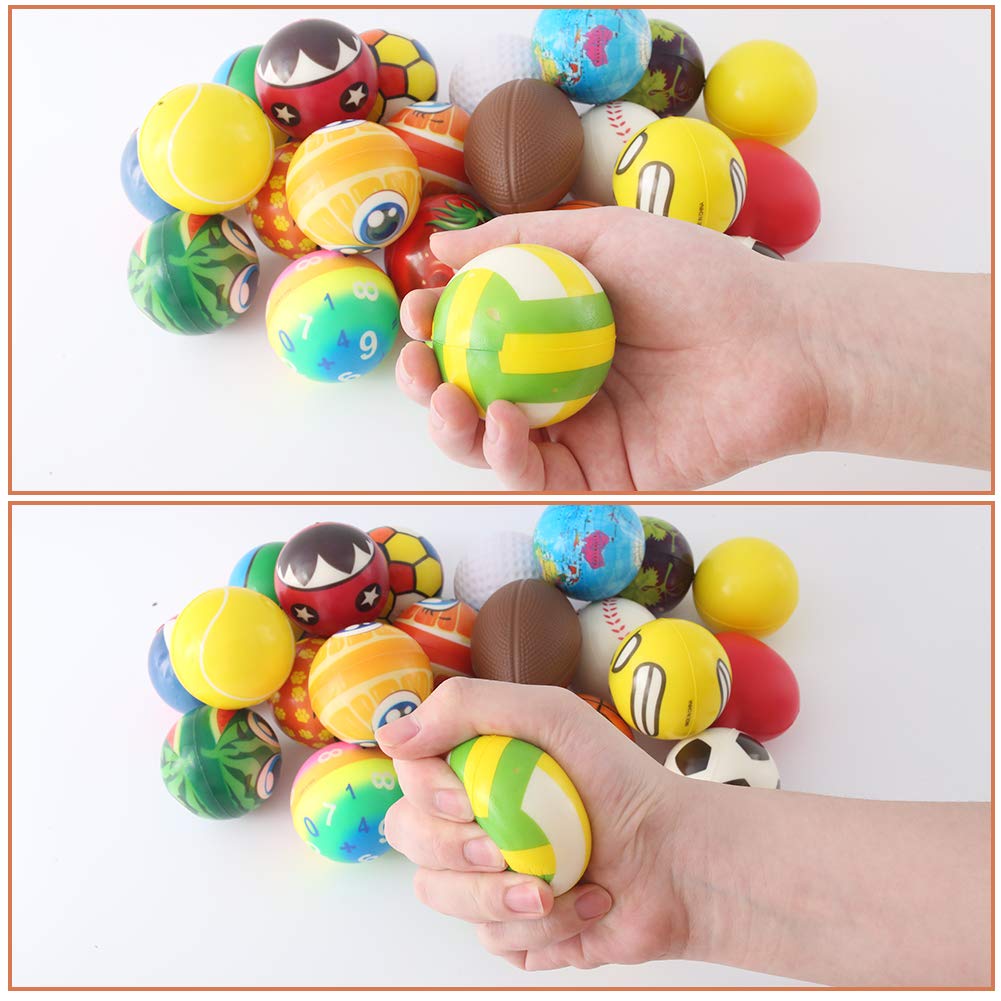 LovesTown 24 PCS Stress Balls Bulk, Sport Stress Balls for Adults Kids Foam Squeeze Balls Stress Relief Assorted Designs Treasure Box Toys for Party Classroom Students Prize