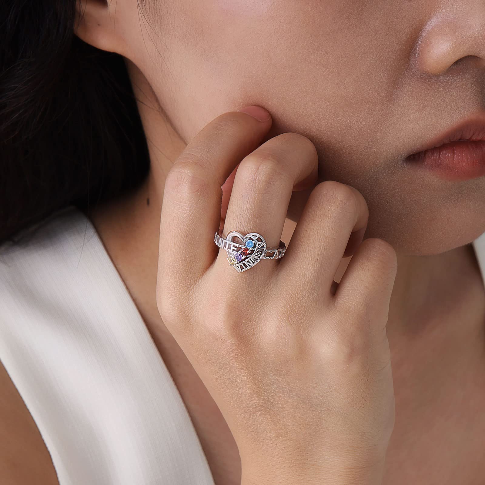 Custom Name Ring Creative 3D 925 Sterling Silver Birthstone Rings for Women Mother Dainty Bride Engagement Ring Personalized Promise Rings for Her (2 names)