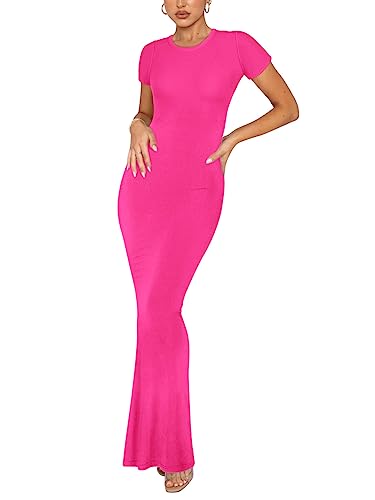 REORIA Women's Summer Sexy Casual Lounge Long Dress Elegant Wedding Guest Short Sleeve Crew Neck Bodycon Maxi Dresses Rose Red Medium